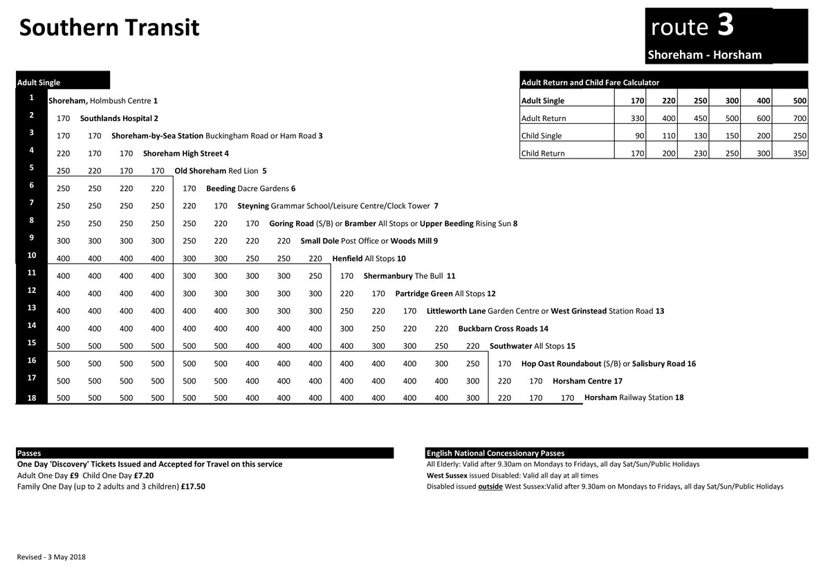 Route 3 Bus Service For Towns & Villages Between Shoreham & Horsham